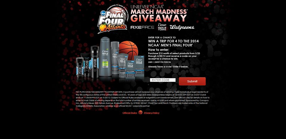 walgreens.com/axedovemen – Unilever NCAA March Madness Giveaway